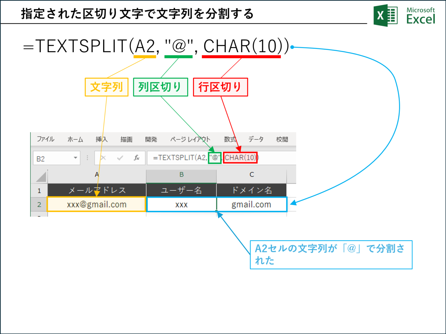 206-01｜Excel TEXTSPLIT関数の使い方｜テキストを指定の区切り文字で分割する方法 | excel15.com｜Excel関数の使い方