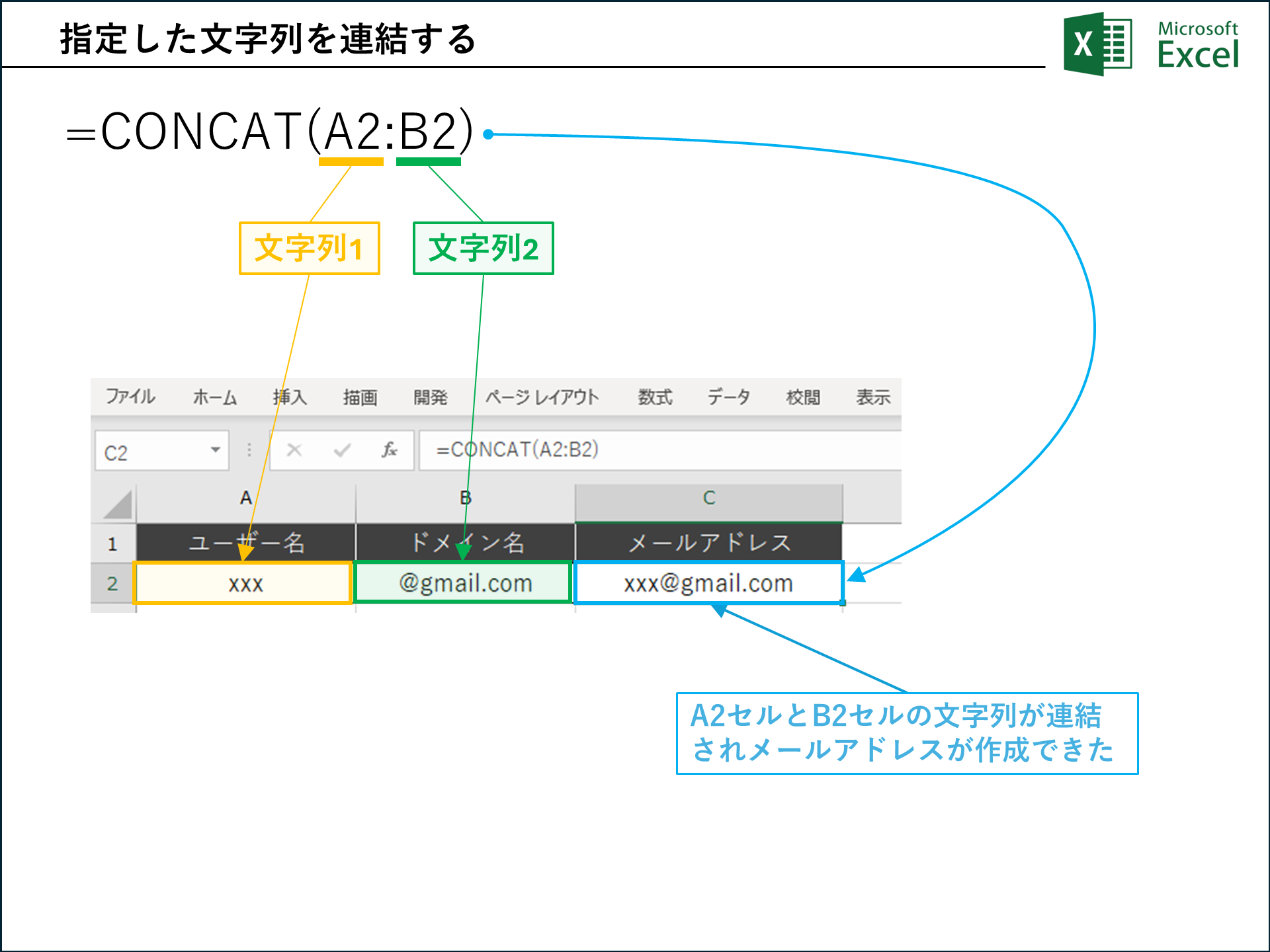 212-01｜Excel CONCAT関数の使い方｜複数のセルやテキストを連結する際に便利な関数 | excel15.com｜Excel関数の使い方