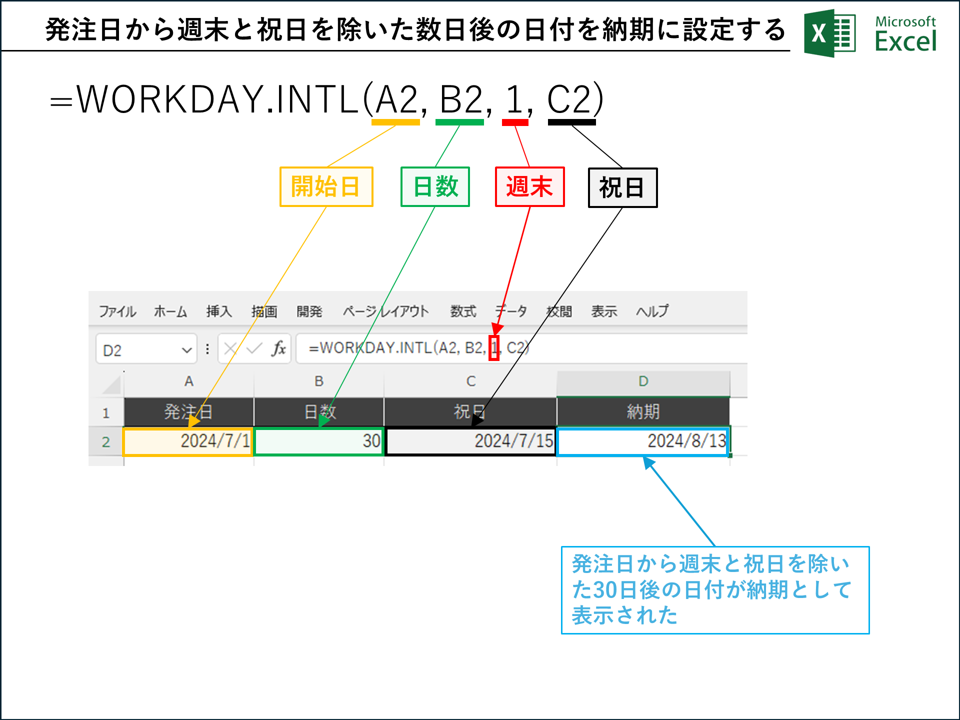 319-01｜Excel WORKDAY.INTL関数の使い方｜カスタムの週末設定を使用して、開始日から指定された労働日数後の日付を計算する ...