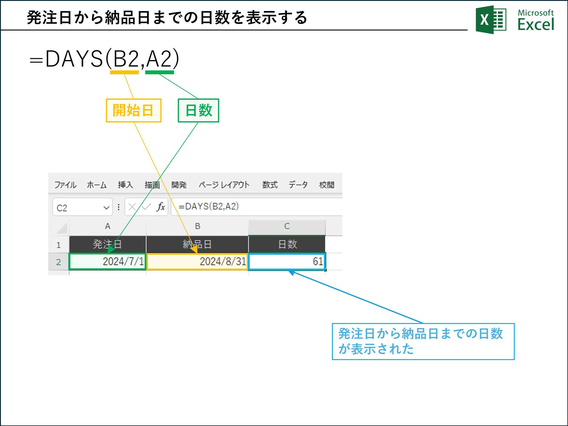 320-01｜Excel DAYS関数の使い方｜指定された日付から日を抽出する | excel15.com｜Excel関数の使い方