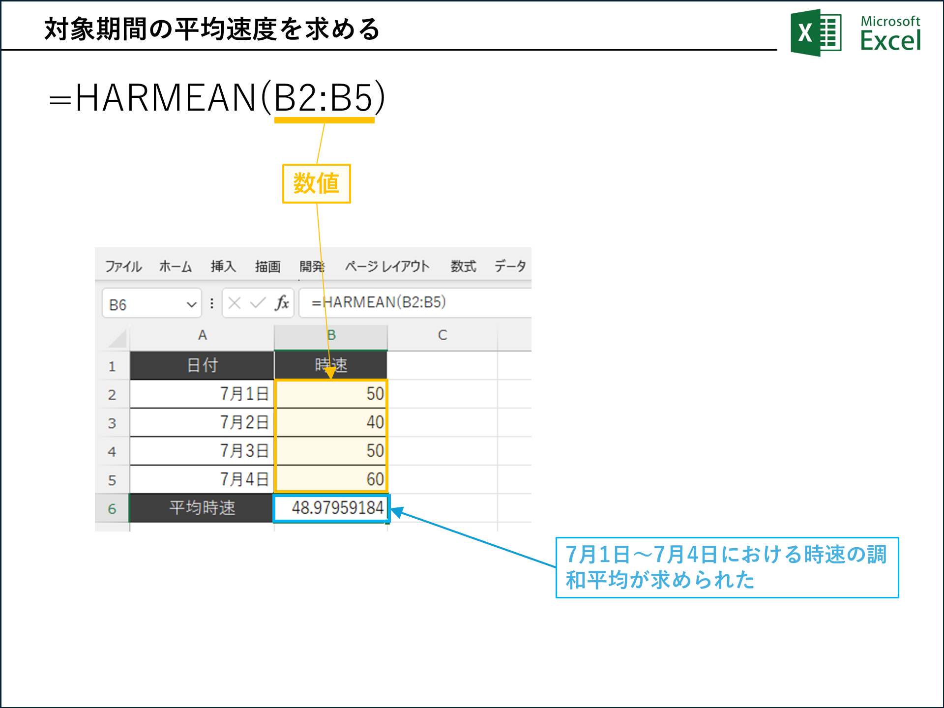 410-01｜Excel HARMEAN関数の使い方｜指定された数値の調和平均を計算する | excel15.com｜Excel関数の使い方
