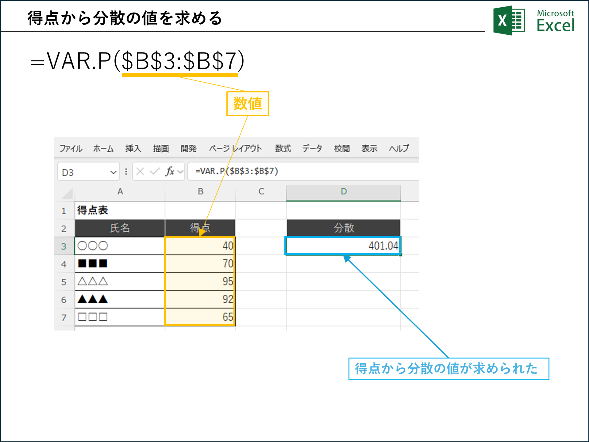 429-01｜データの分散（ばらつき）を計算する｜Excel VAR.P関数とVARP関数の使い方 | excel15.com｜Excel関数の使い方
