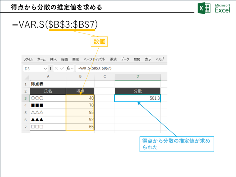 431-01｜データの分散（ばらつき）を計算する｜Excel VAR.S関数とVAR関数の使い方 | excel15.com｜Excel関数の使い方